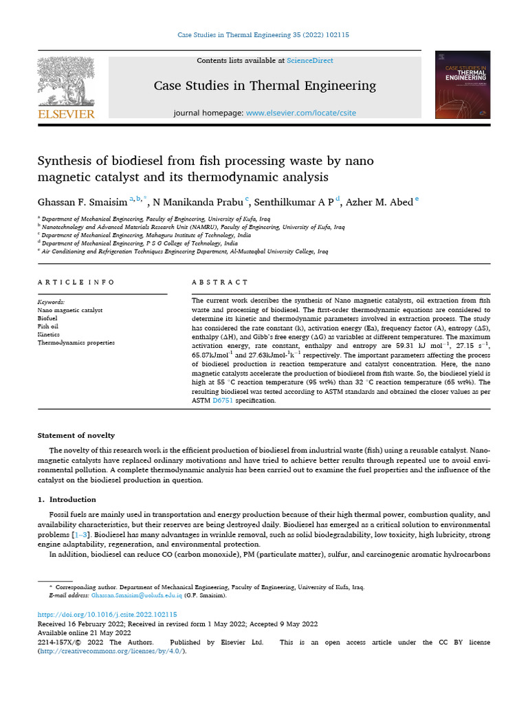 Synthesis of Biodiesel From Fish Processing Waste by Nano Magnetic ...