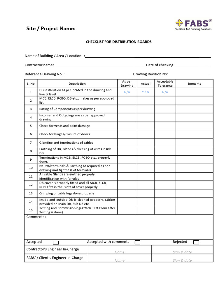 13.00 - Checklist - Distribution Boards | PDF