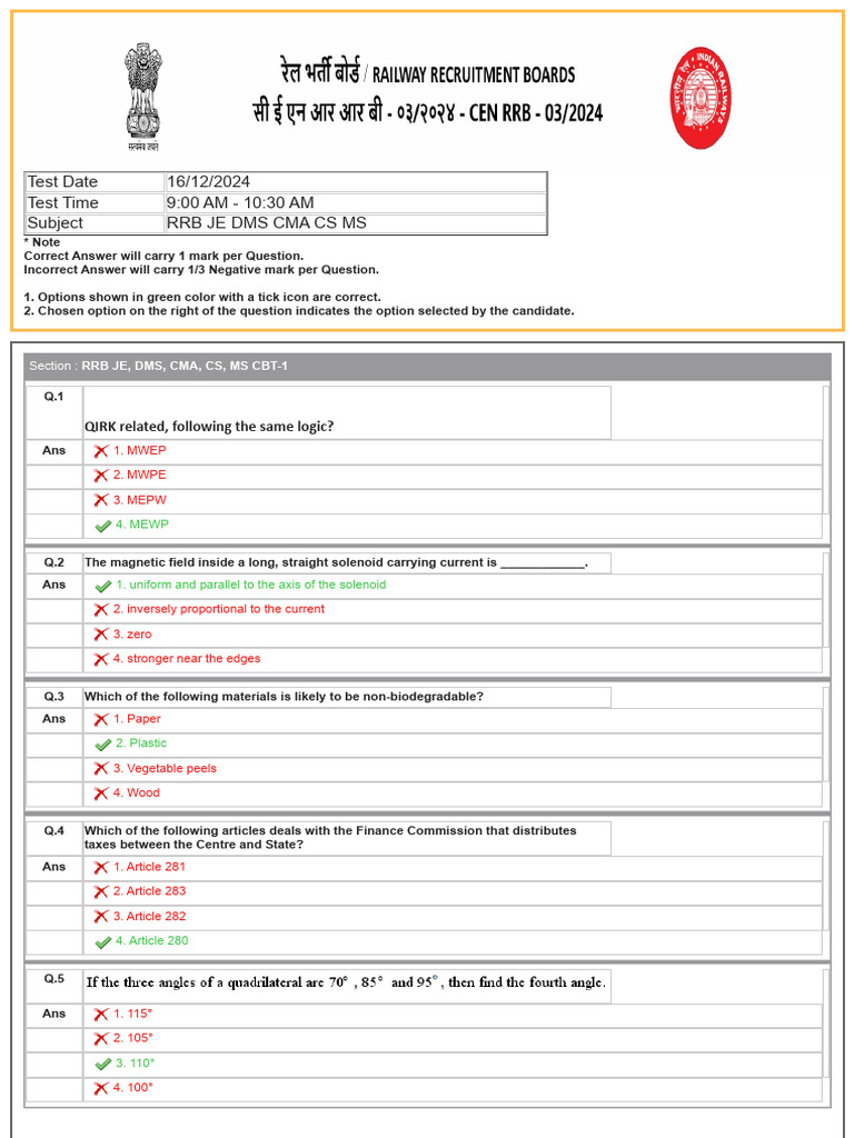 RRB JE AnswerKey (English) | PDF | Sodium Carbonate | Reproduction