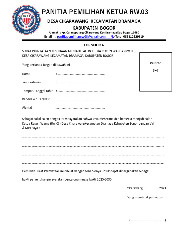 FORMULIR PENDAFTARAN KETUA RW 03 | PDF