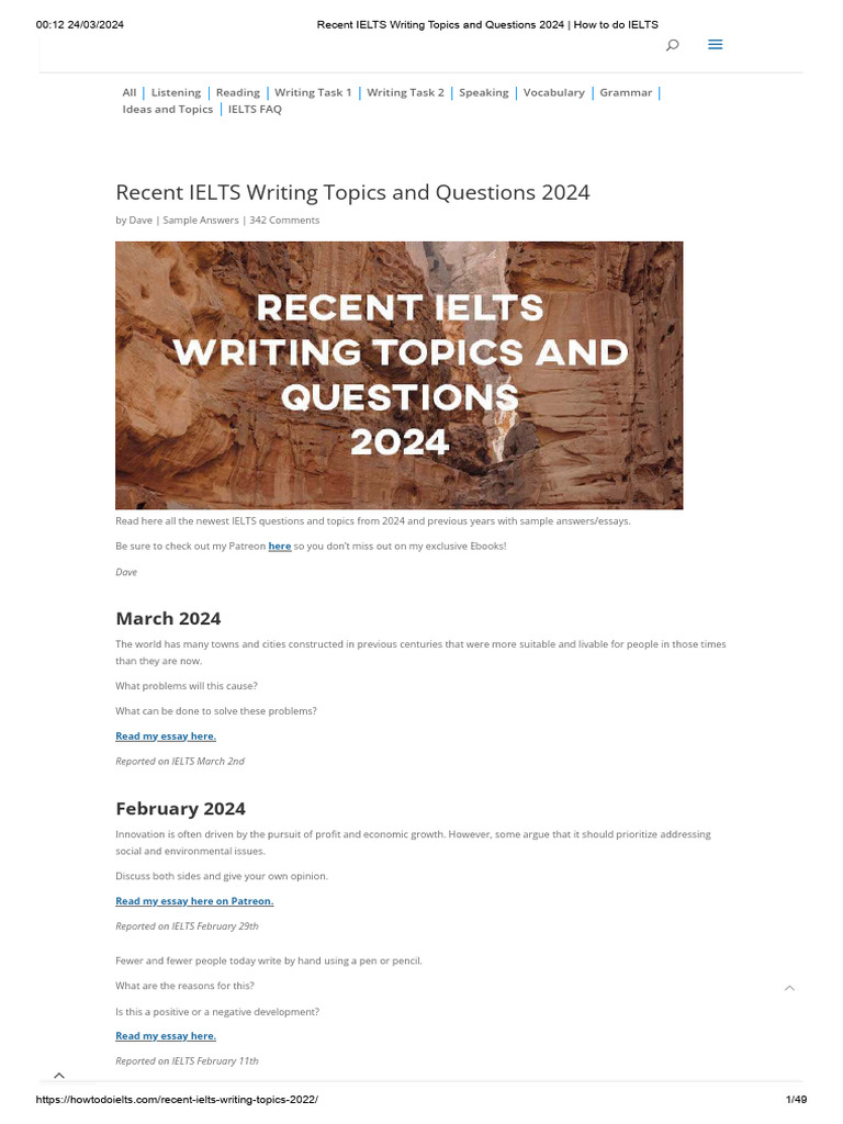 Recent IELTS Writing Topics 2024 | PDF | Essays | Sustainability