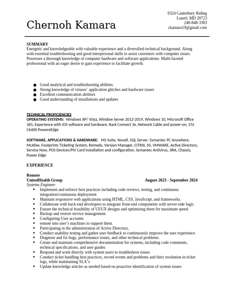 Chernoh Kamara Resume 2024 | PDF | Active Directory | Microsoft Windows