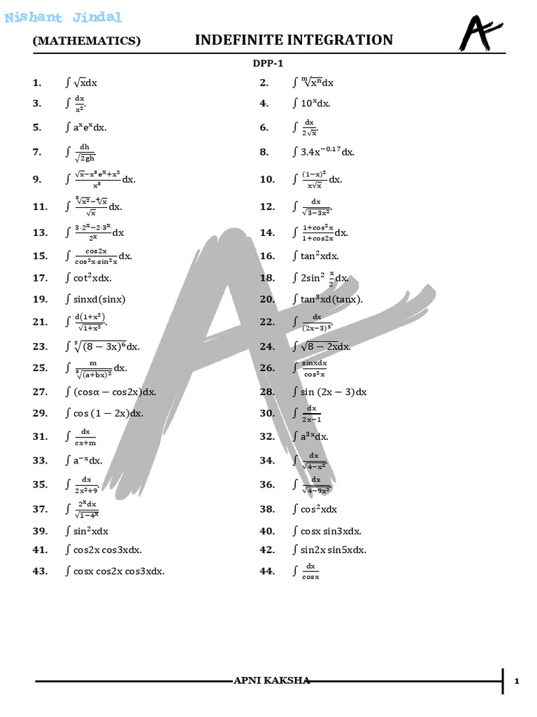 DPP - 01 - Indefinite Integration NJ - 247 | PDF
