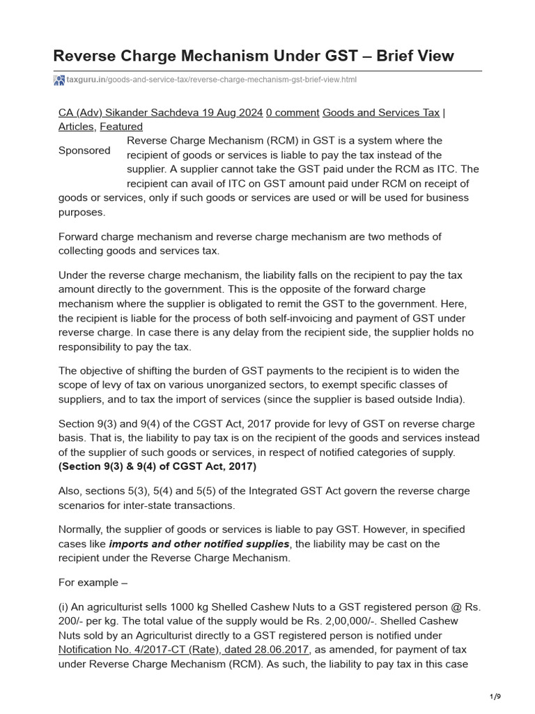 Taxguru - In-Reverse Charge Mechanism Under GST Brief View | PDF ...