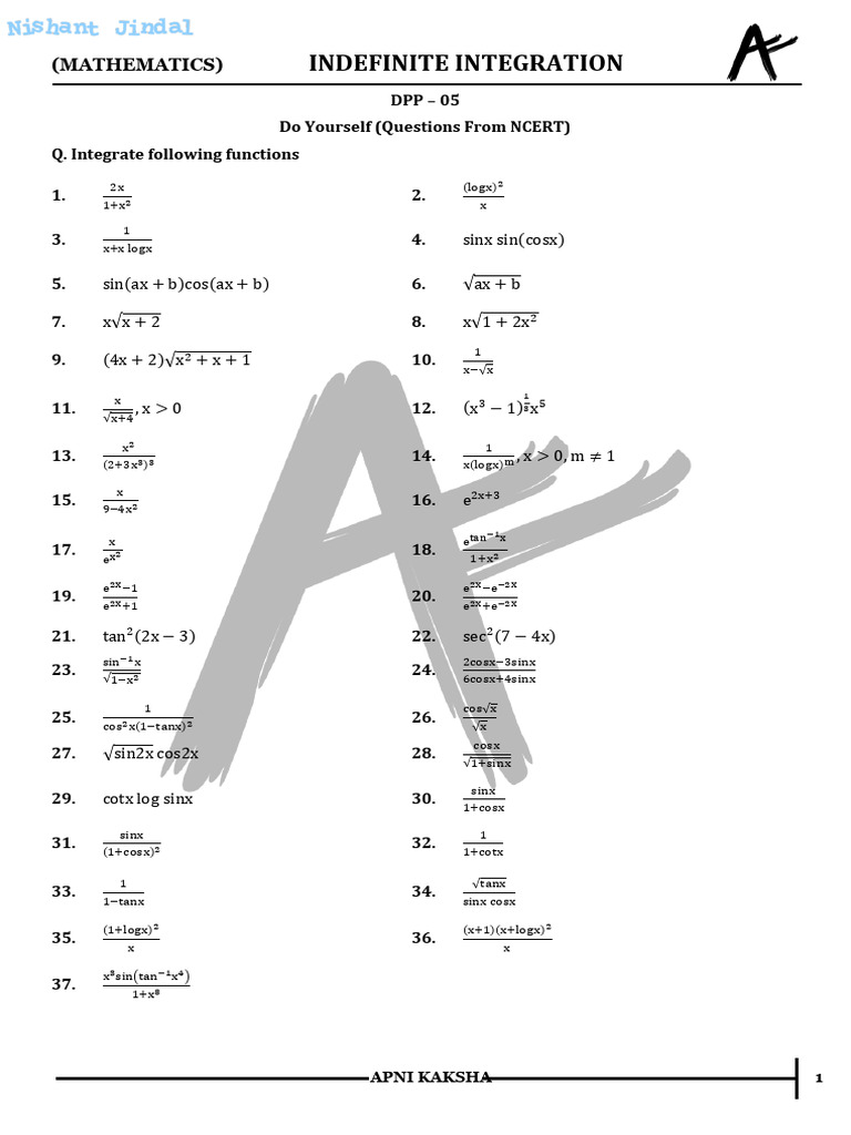 DPP 05 Indefinite Integration Do Yourself NCERT Q NJ 247 | PDF | Mathematical Analysis ...