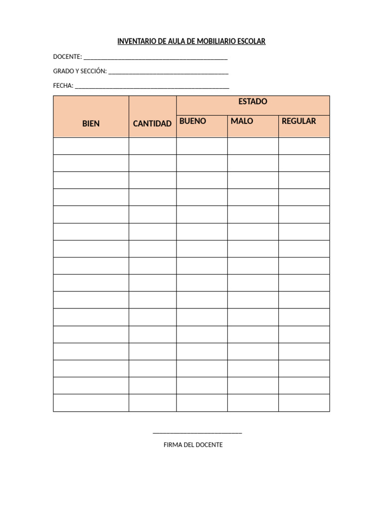 Formato De Inventario De Aula De Clases Para