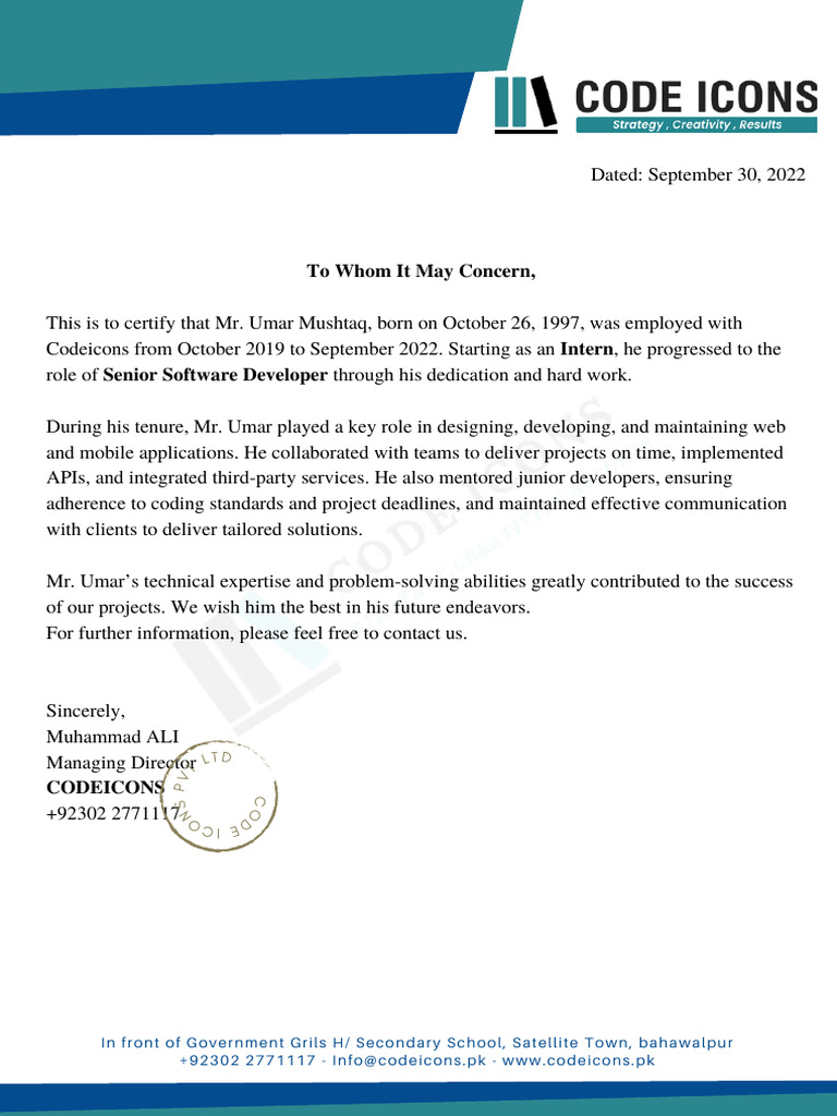 Umar Software Developer Exp Letter | PDF