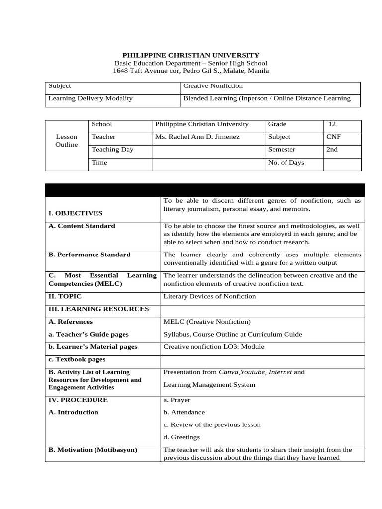 JIMENEZ DEMO Lesson-Plan | PDF | Learning | Creative Nonfiction