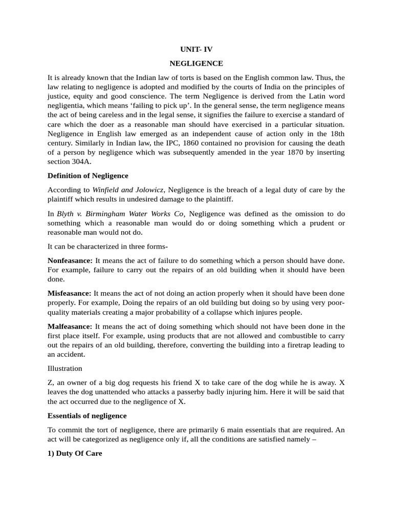 Unit - Iv Law of Torts Lecturer Notes | PDF | Negligence | Legal Liability