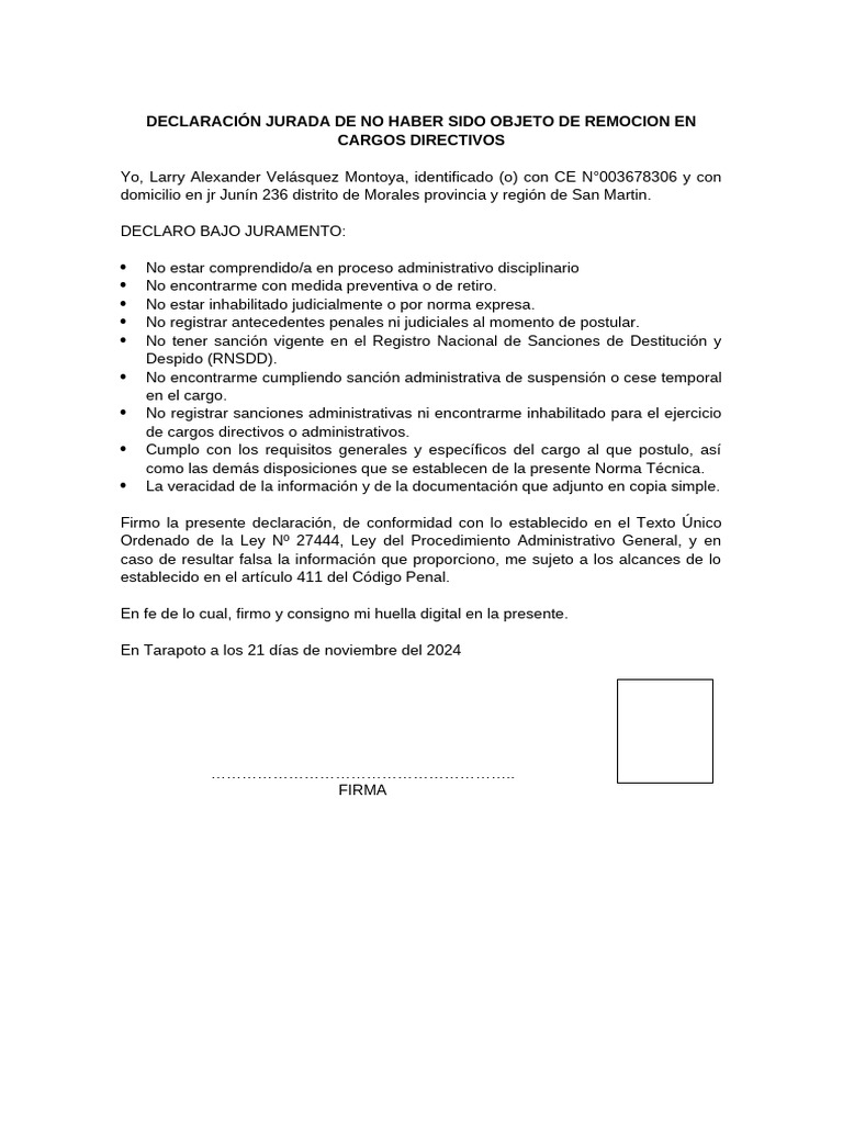 DECLARACIÓN JURADA DE NO HABER SIDO OBJETO DE REMOCION EN CARGOS DIRECTIVOS | PDF | Documento de ...