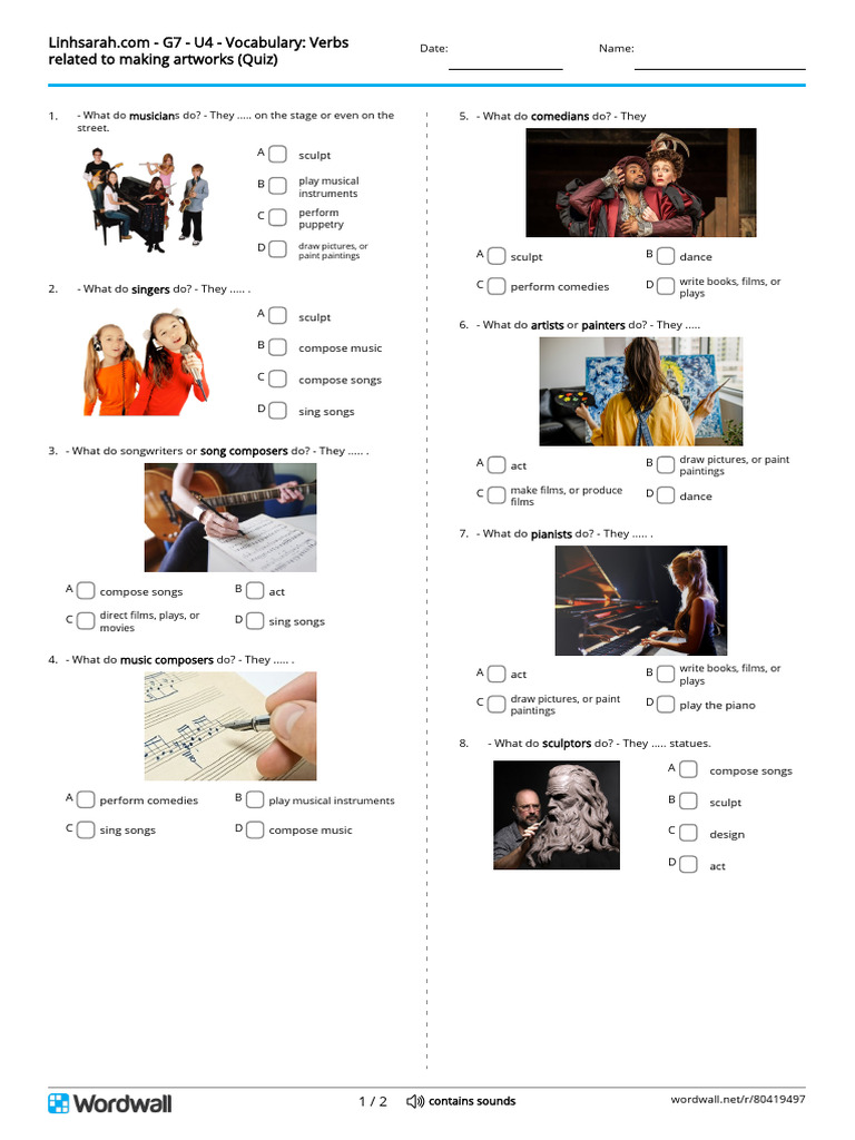 Linhsarahcom g7 U4 Vocabulary Verbs Related To Making Artworks Quiz ...
