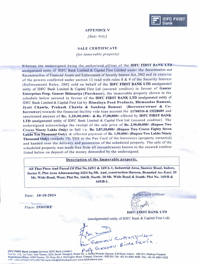 Chirag Shroff - Property Sell Cert | PDF | Money | Banking