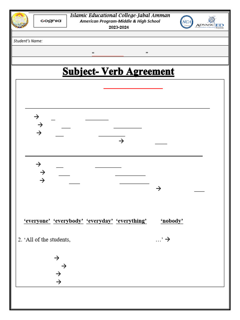 Grammar Worksheet 2- Subject- Verb Agreement (1) | PDF | Grammatical ...