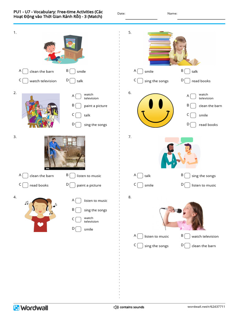 pu1-u7-vocabulary-free-time-activities-các-hoạt-động-vào-thời-gian-rảnh-rỗi-3-match-quiz | PDF