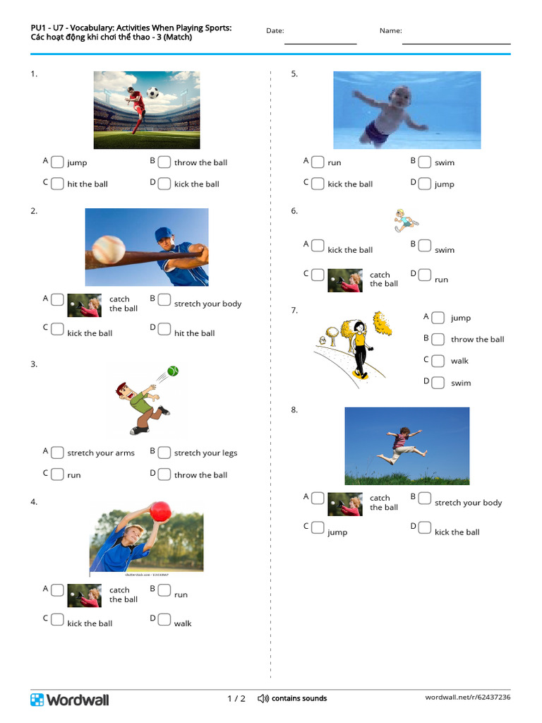 pu1 u7 vocabulary activities when playing sports các hoạt động khi chơi thể thao 3 match quiz | PDF