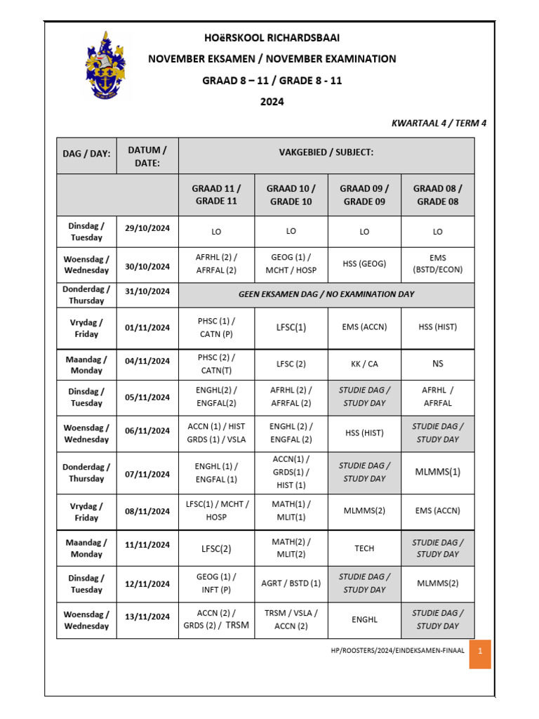 2024 Kwartaal 4 - November EKSAMEN Rooster (FINAL) | PDF