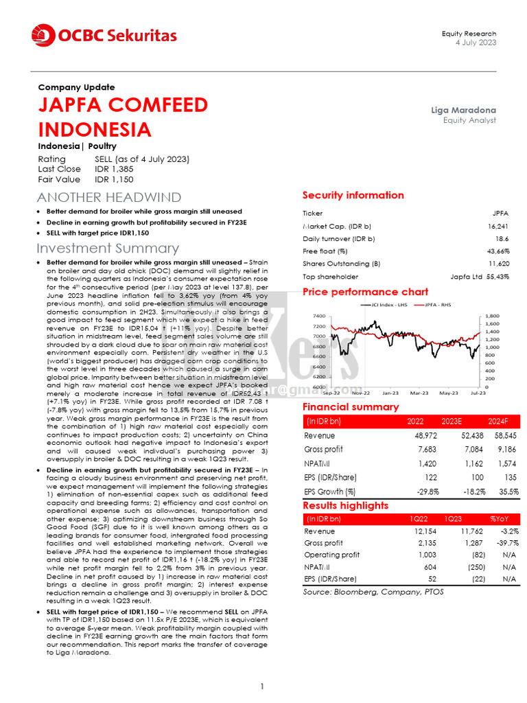 (0712) OCBC Company Update JPFA 4 Jul 2023 - Sell TP Rp1,150 | PDF | Gross Margin | Investing