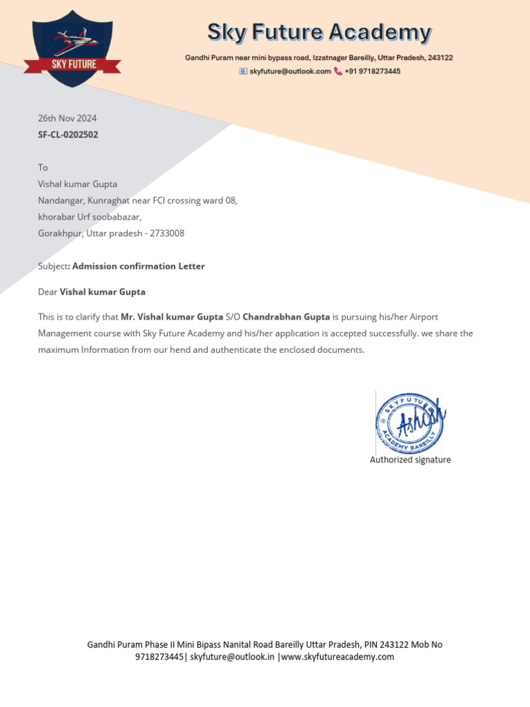 Sky Future Academy Admission Letter (Vishal Kumar Gupta) - 1 | PDF