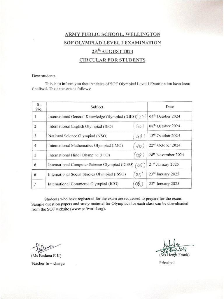 Circular Regarding SOF OLYMPAID Level 1 Exam | PDF