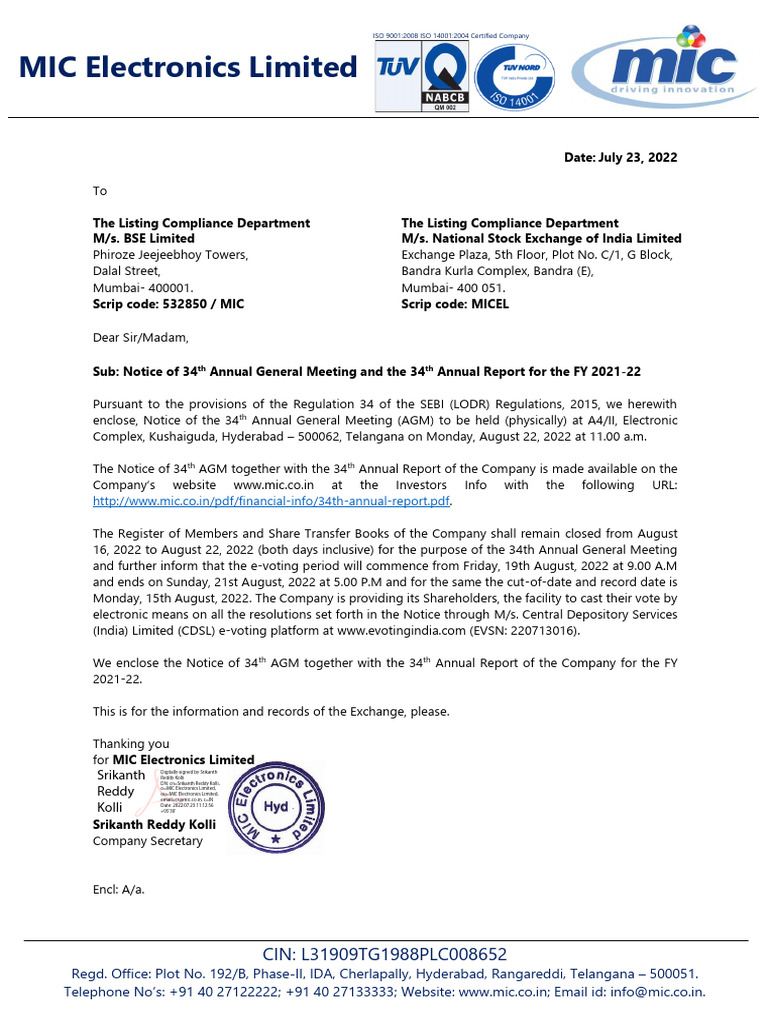 MIC Electronics Limited: CIN: L31909TG1988PLC008652 | PDF | Login ...