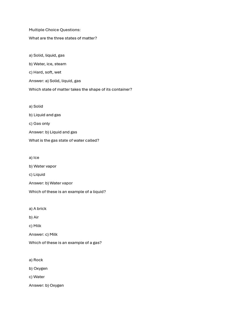 States of Matter Quiz for 2nd Grade | PDF