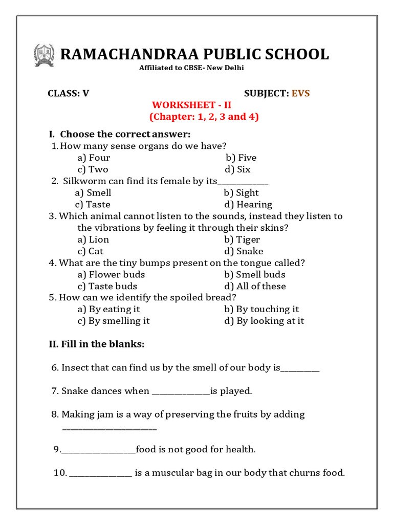 0 - Class V-Evs Worksheet Ii (2022-2023) | PDF | Foods