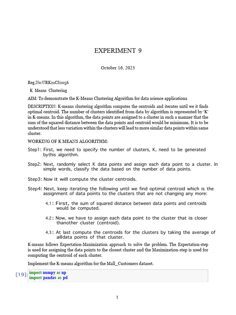 EXPERIMENT 9 | PDF | Cluster Analysis | Artificial Intelligence