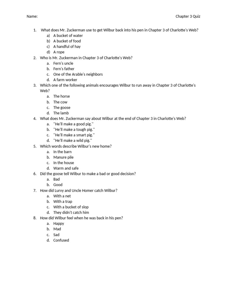 Chapter 3 Quiz for Charlotte's Web | PDF