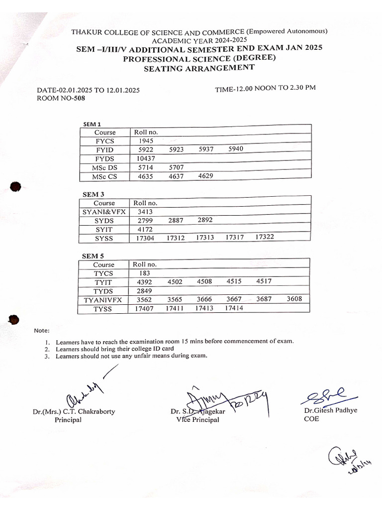 Seating Arrangement Additional Exam 2025 | PDF