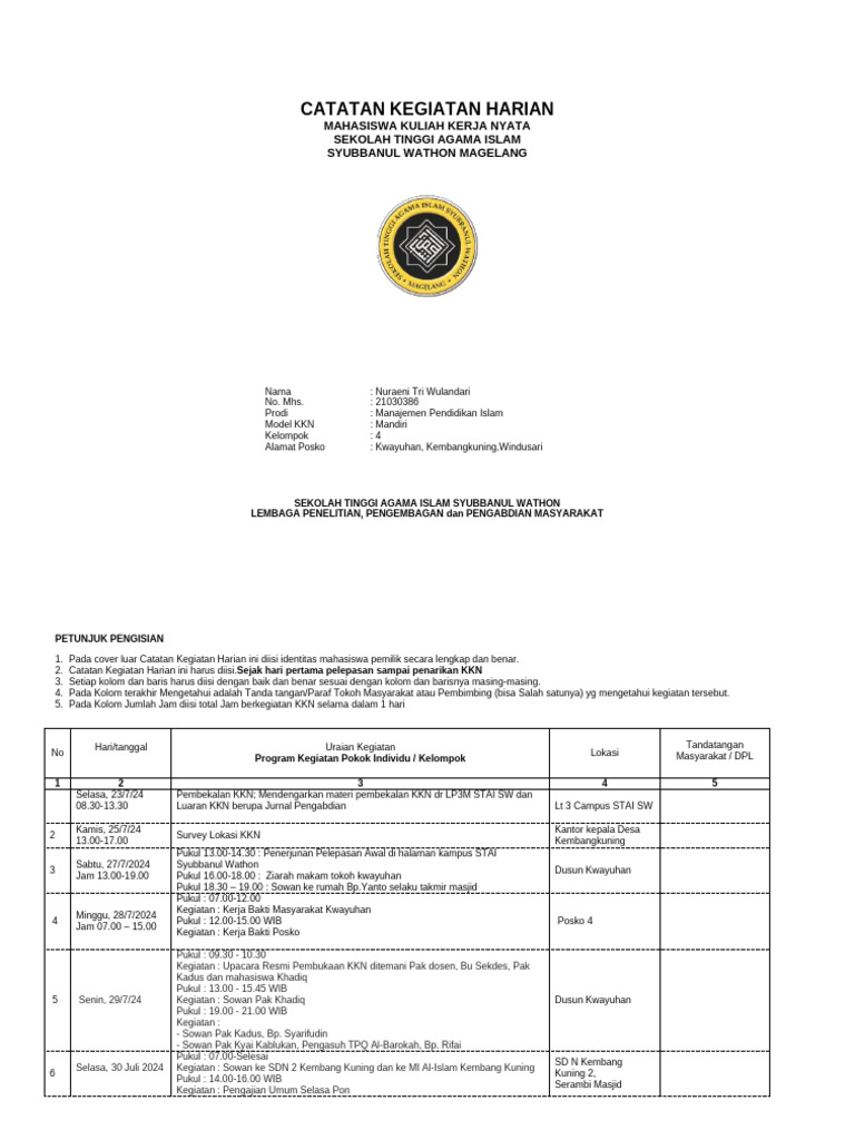 Form Catatan Kegiatan Harian KKN STAI SW (1) | PDF