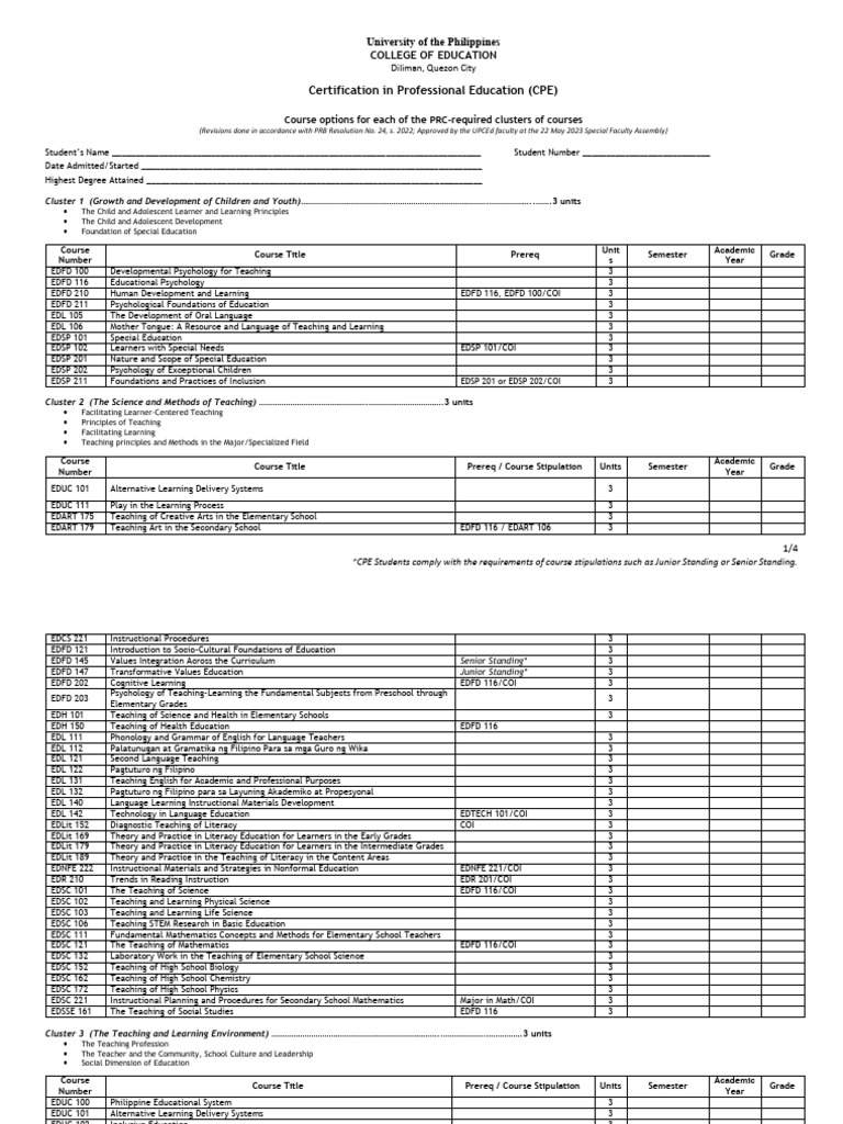 UP CPE Course Requirements Guide | PDF | Curriculum | Schools
