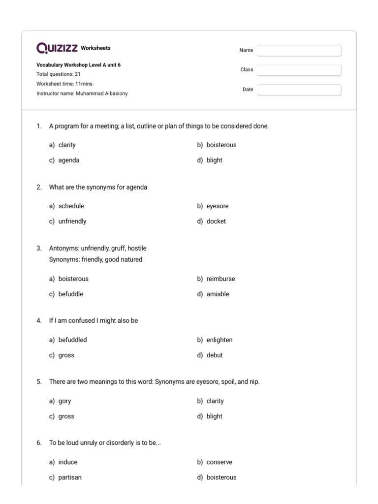 Vocabulary Workshop Level A Unit 6 - Quizizz | PDF | Lexicology ...