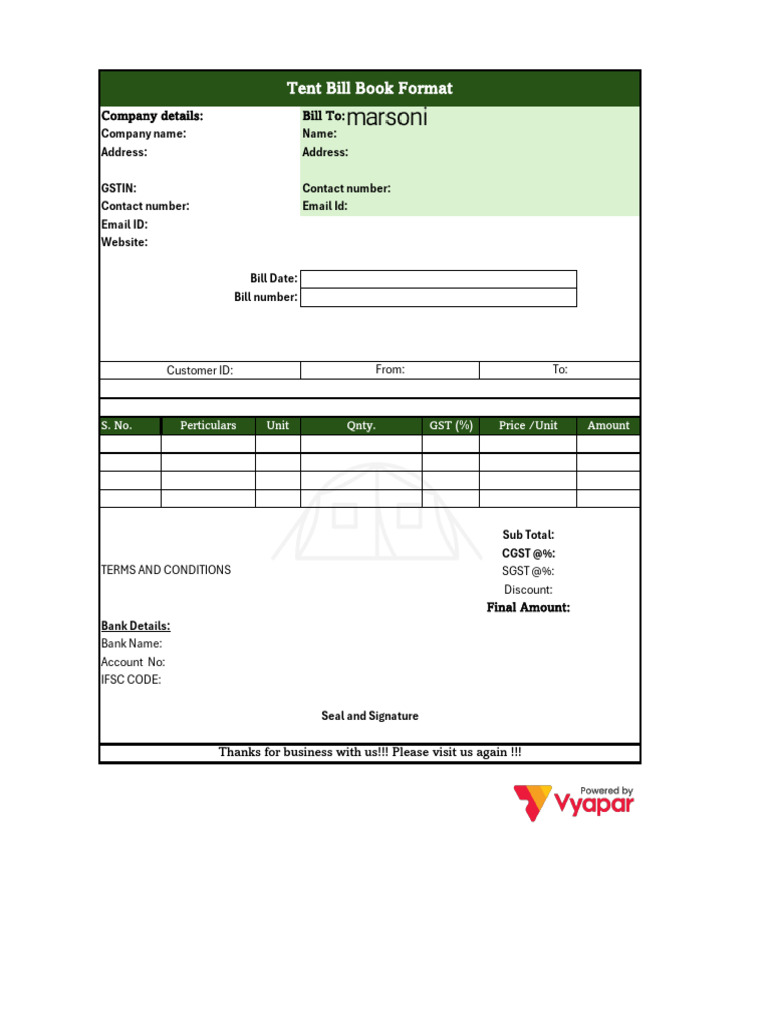 Tent House Bill Book Format 1 | PDF