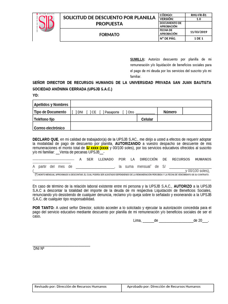 Solicitud de Descuento por Planilla UPSJB | PDF | Documento de identidad