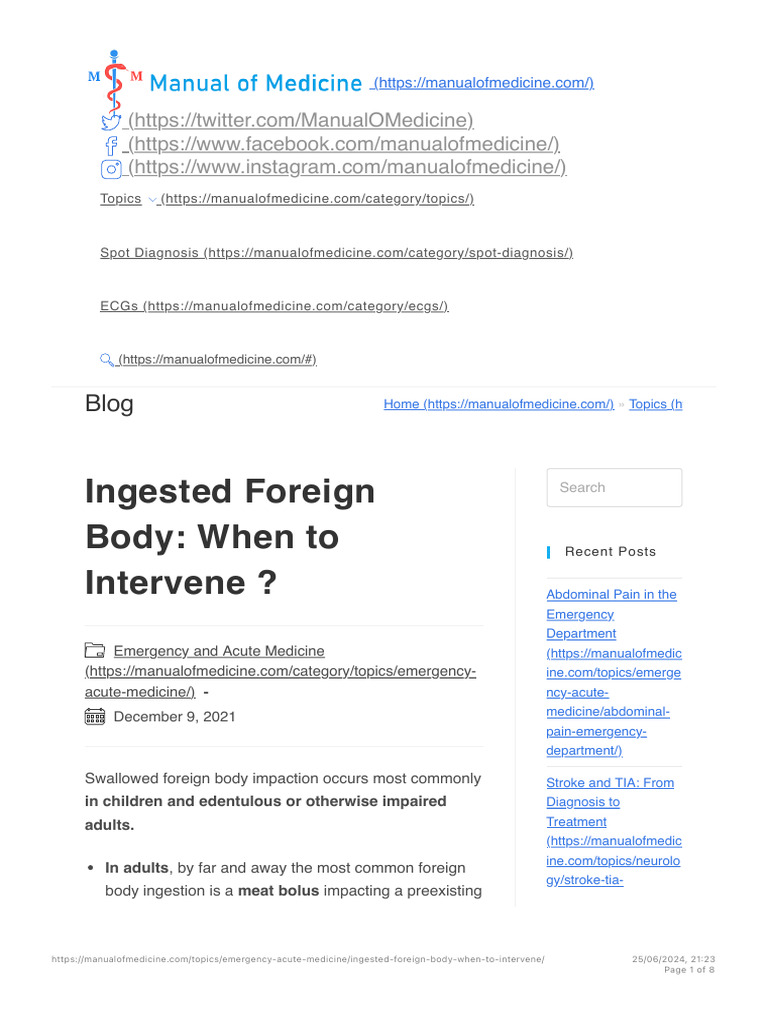Ingested Foreign Body - When To Intervene ? - Manual of Medicine | PDF ...