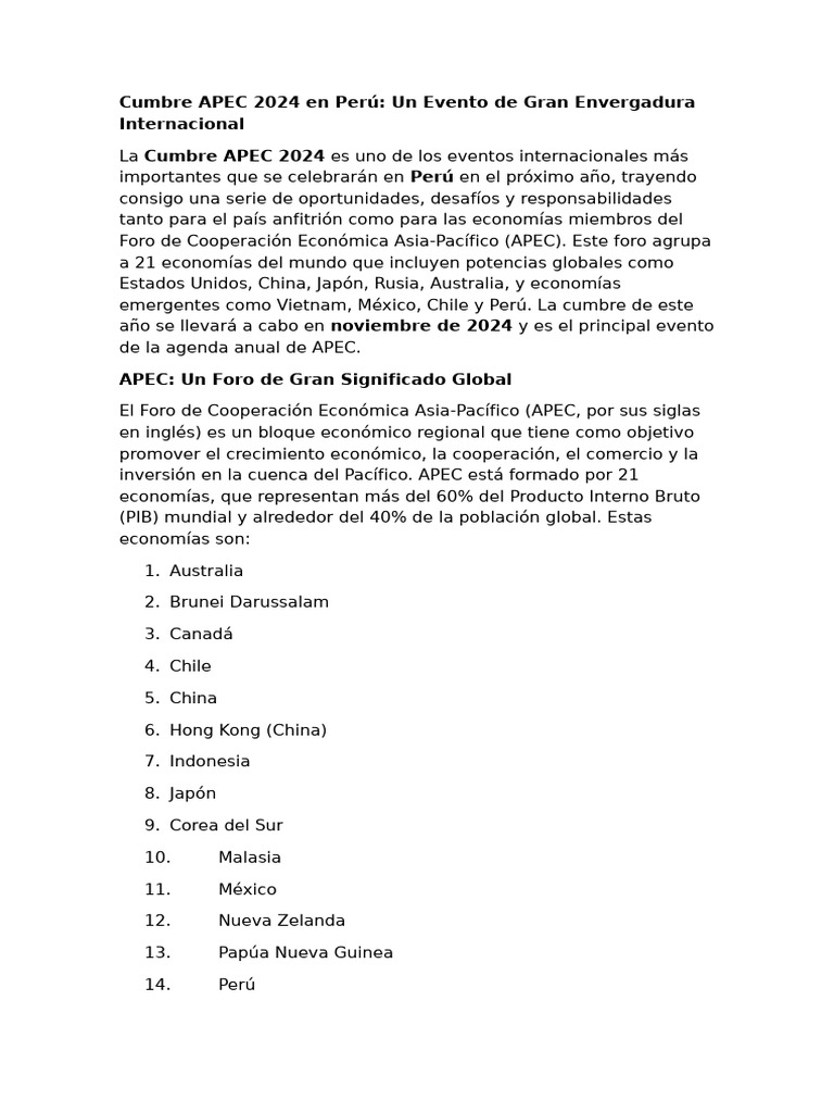 Cumbre APEC 2024: Perú como Anfitrión | PDF | Cooperacion economica ...