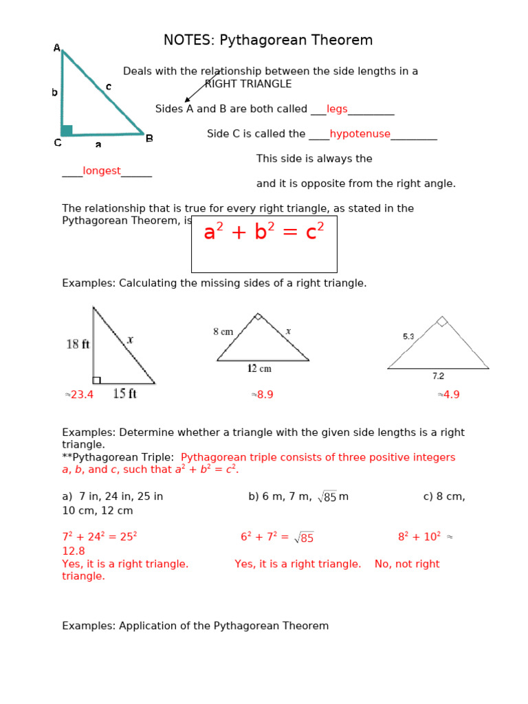 Pythagorean Theorem NOTES 2023 | PDF | Triangle | Geometry