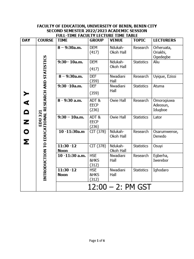 2023, Time-Table 2nd Semester-1 | PDF | Science