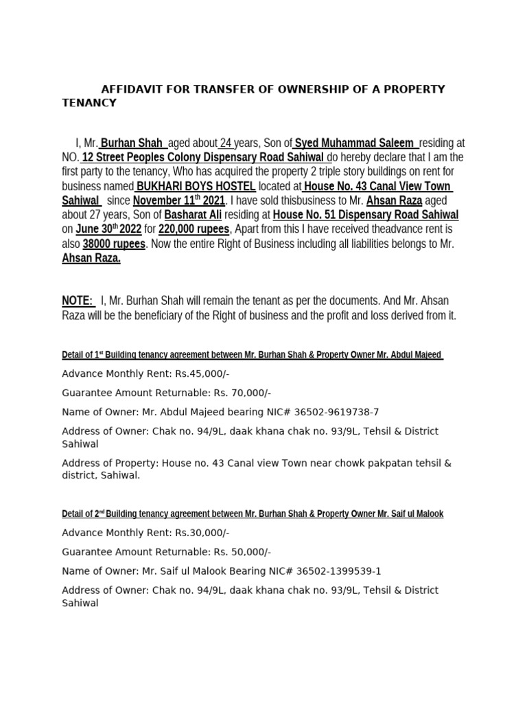 AFFIDAVIT FOR TRANSFER OF OWNERSHIP OF A HOSTEL CONTRACT I | PDF