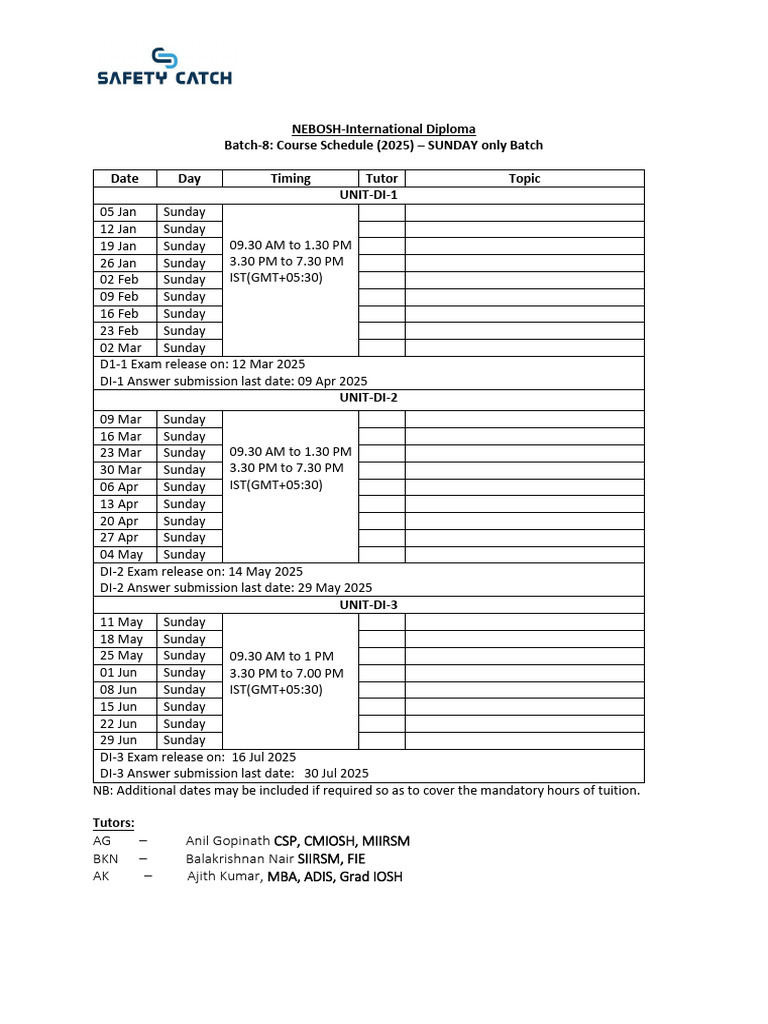 NEBOSH International Diploma 2025 Schedule | PDF