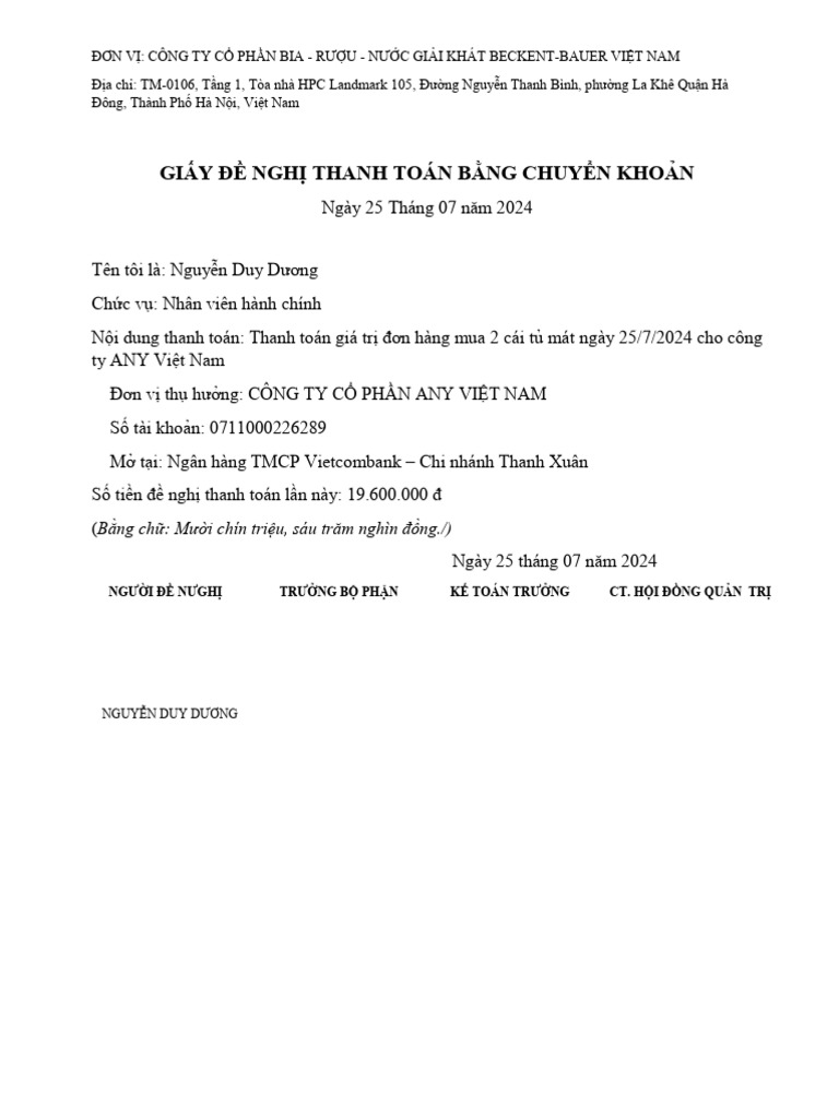 ĐNTT - Thanh Toán Phí Mua 2 T Mát Ngày 25.7.2024 | PDF