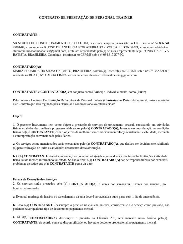 Contrato de Personal Trainer | PDF