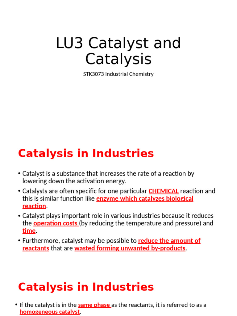LU3 Catalyst and Catalysis (1) | PDF | Catalysis | Heterogeneous Catalysis