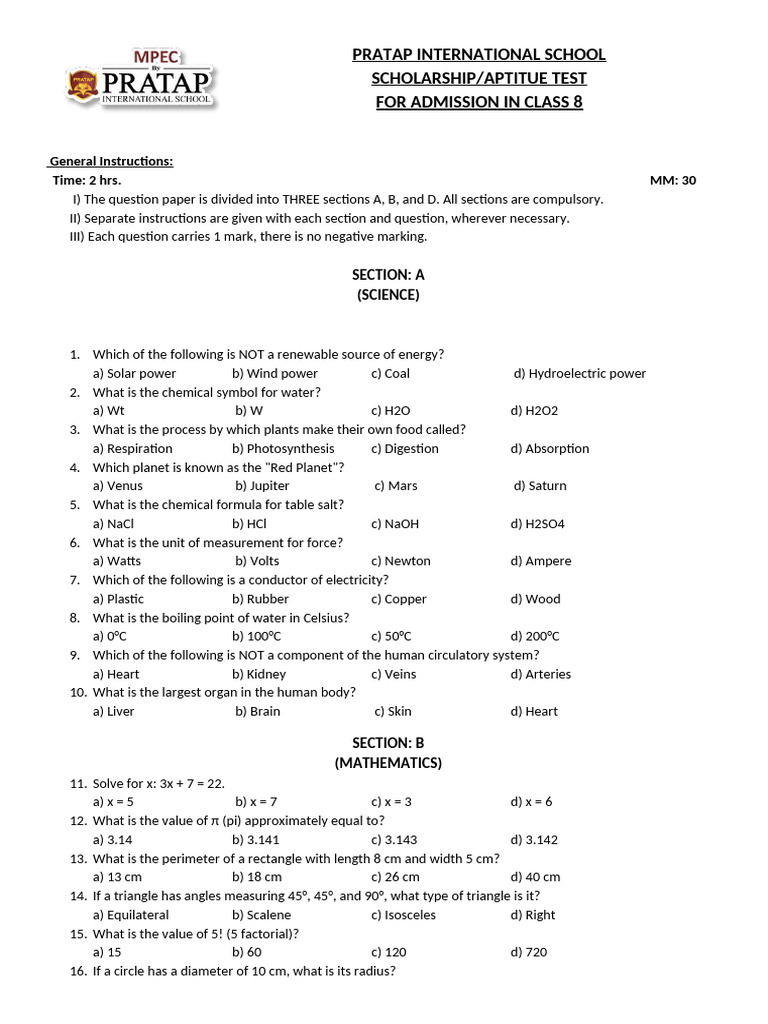 Class 8 Scholarship Exam Question Paper | PDF | Triangle | Elementary ...