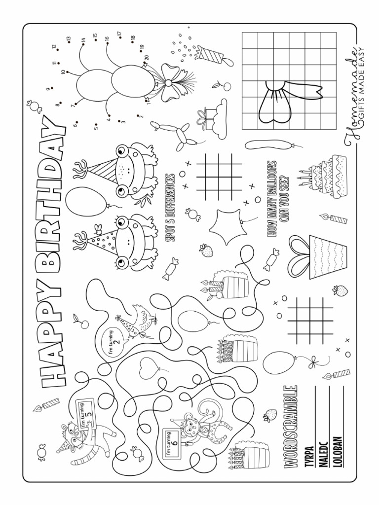 Happy Birthday Coloring Pages Party Placemat Puzzle Activity Sheet | PDF