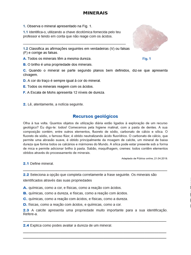 Ficha Ciencias 7 Ano Minerais | PDF | Minerais | Átomos