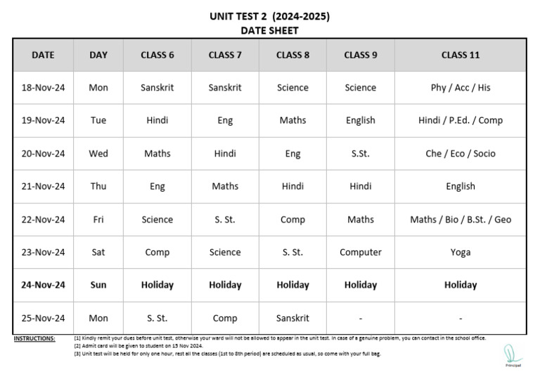 Unit Test 2 Date Sheet | PDF