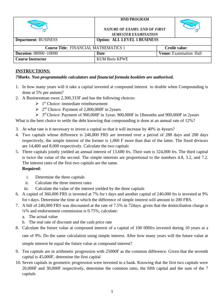 Financial Mathematics 1 EXAMS ISTAMA | PDF | Interest | Compound Interest