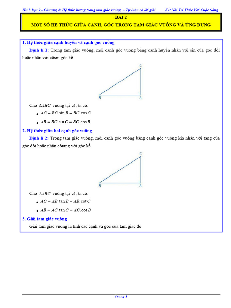 Cac Dang Bai Tap He Thuc Luong Trong Tam Giac Vuong Toan 9 Knttvcs 2 | PDF