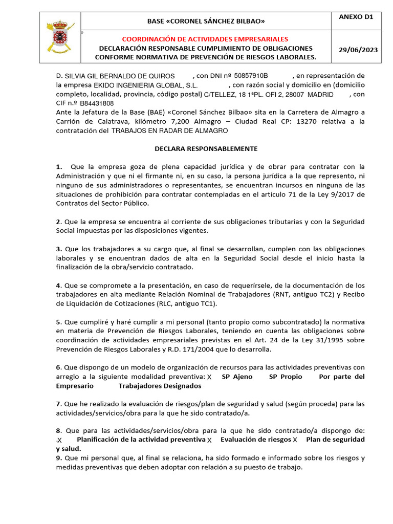 Formulario Anexo D1 Declaración Responsable Cumplimiento de Obligaciones Conforme Normativa ...